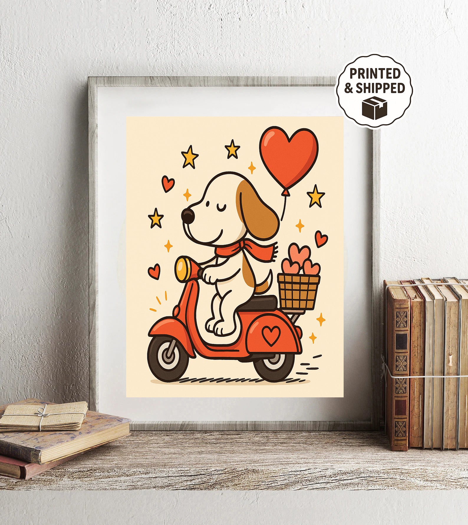 Cute Dog on Scooter Art Print Nursery Wall Decor Valentine’s Day G ...